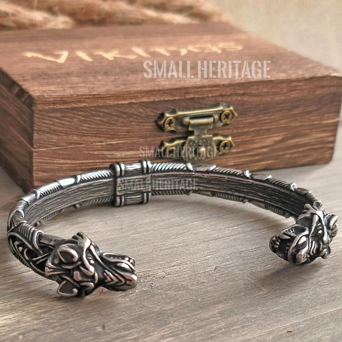 Men Viking Wolf Head Cuff Stainless Steel Bracelet