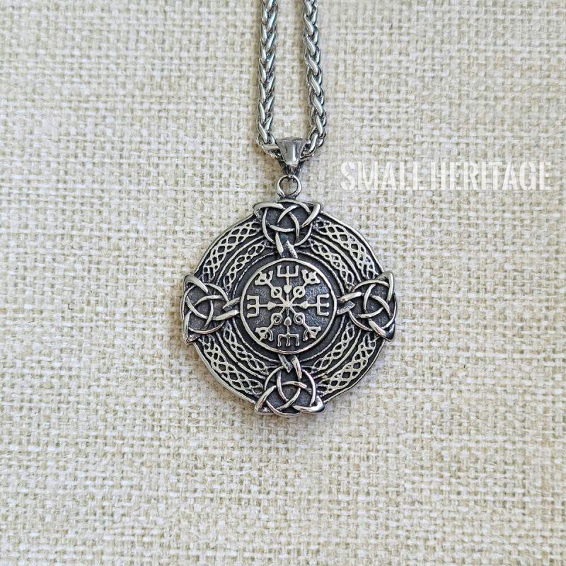 Large Viking Cross Necklace Stainless Steel Norse Valknut Vegvisir