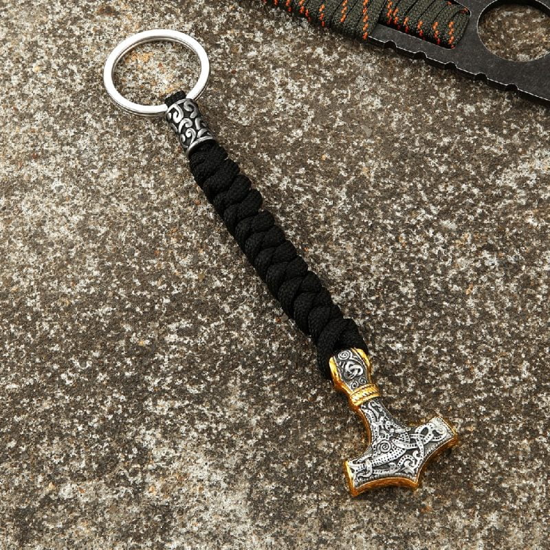 Viking Keychain Mjolnir Hammer | Car Key Ring & Survival Paracord Rope