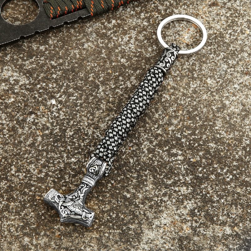 Viking Keychain Mjolnir Hammer | Car Key Ring & Survival Paracord Rope