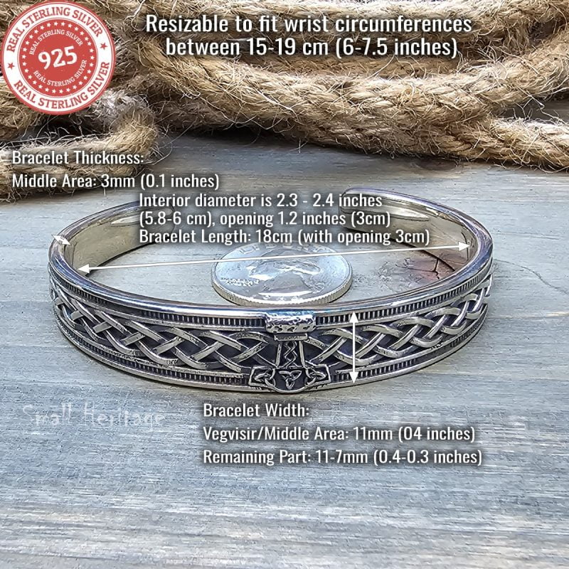 Viking Mjolnir Bracelet 925 Sterling Silver Cuff Norse Arm Ring